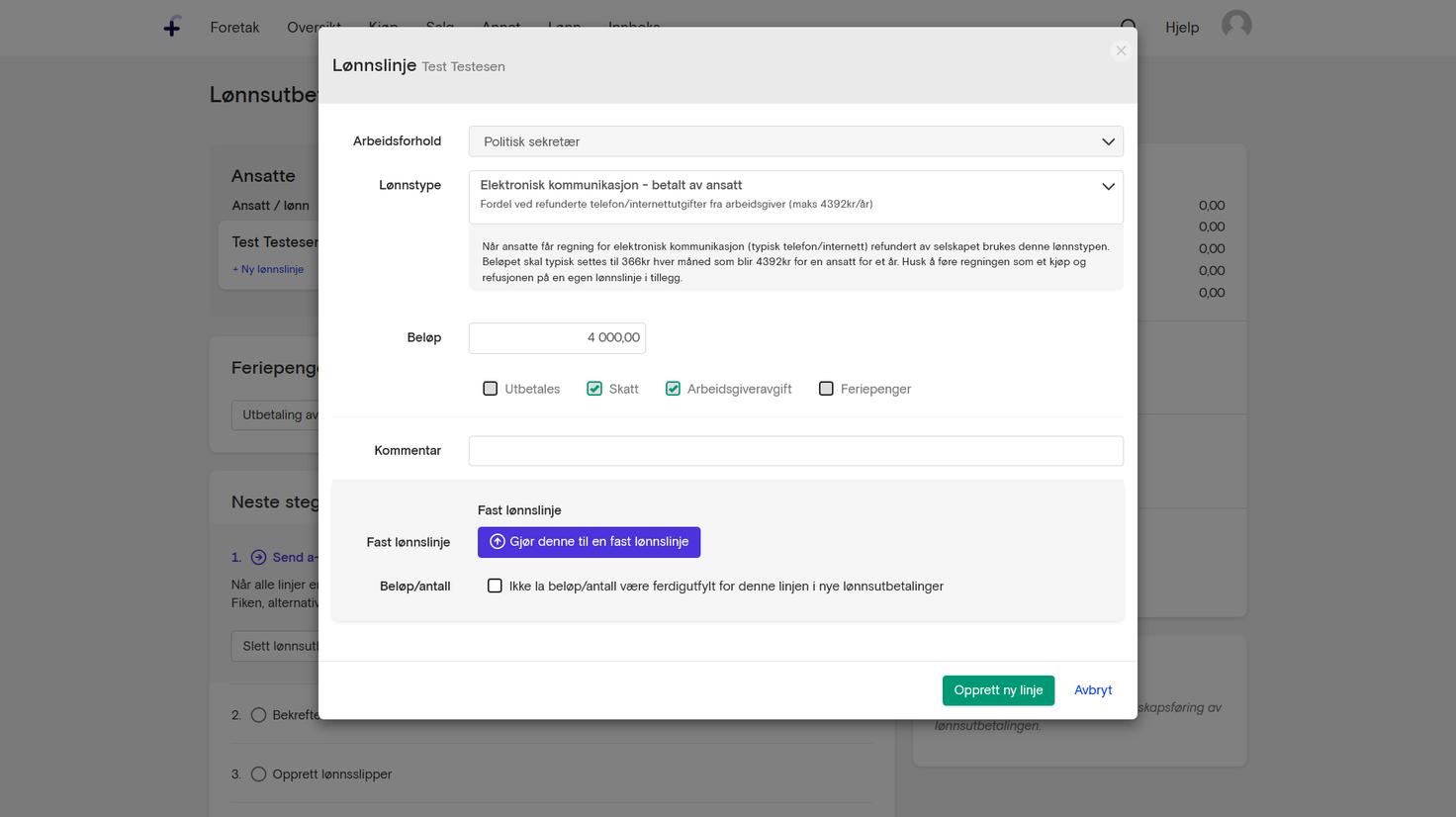 Skjermbilde i Fiken som viser lønnstype for fri telefon der ansatt har ...
