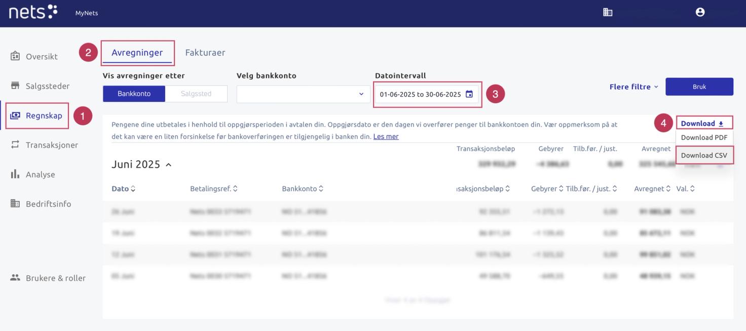Skjermbilde som viser hvordan du henter rapport for betalingsoppgjør i ...