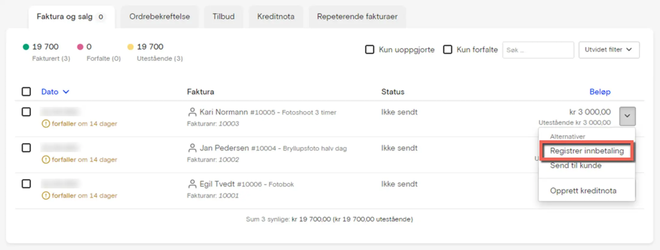 Fjern haken for "Dekker hele beløpet" og registrer det kunden faktisk ...