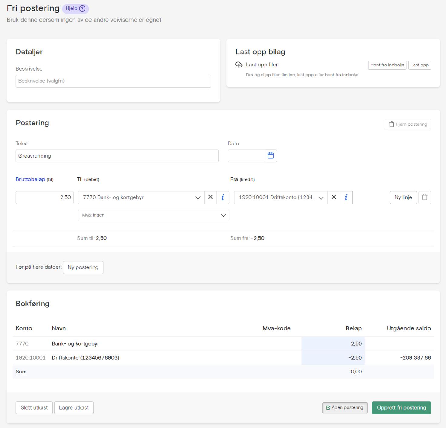 Skjermbilde som viser fri postering i Fiken