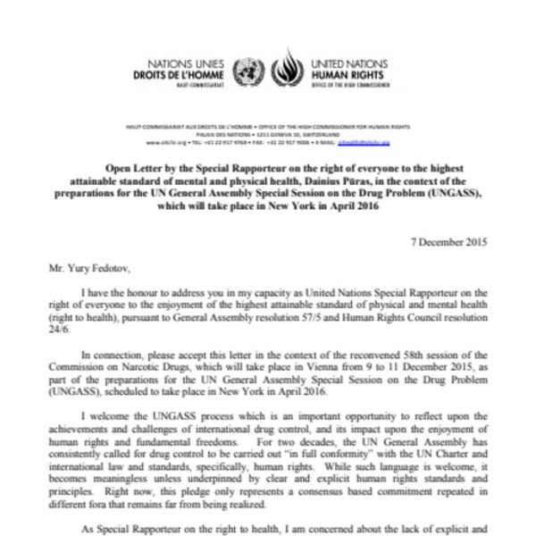UNGASS: Letter from UN Special Rapporteur on the Right to Health ...