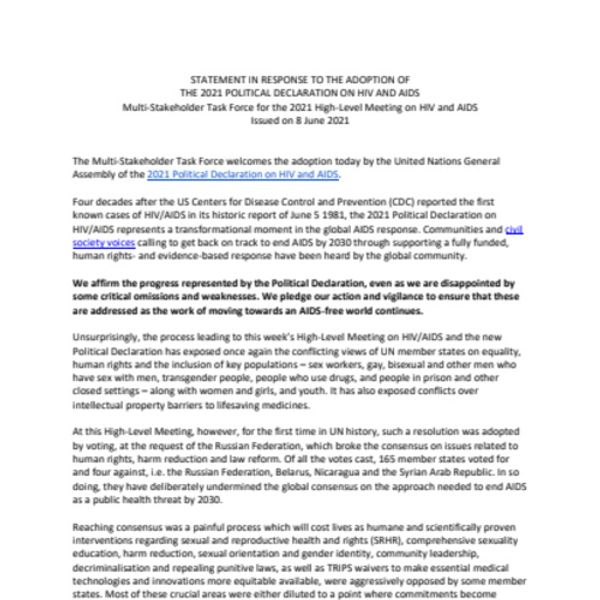 Statement in response to adoption of 2021 Political Declaration on HIV ...
