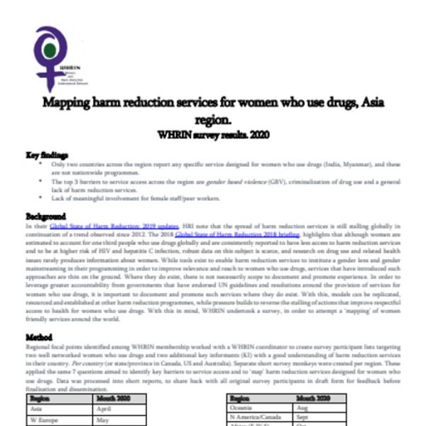 Mapping harm reduction services for women who use drugs: Asia region ...