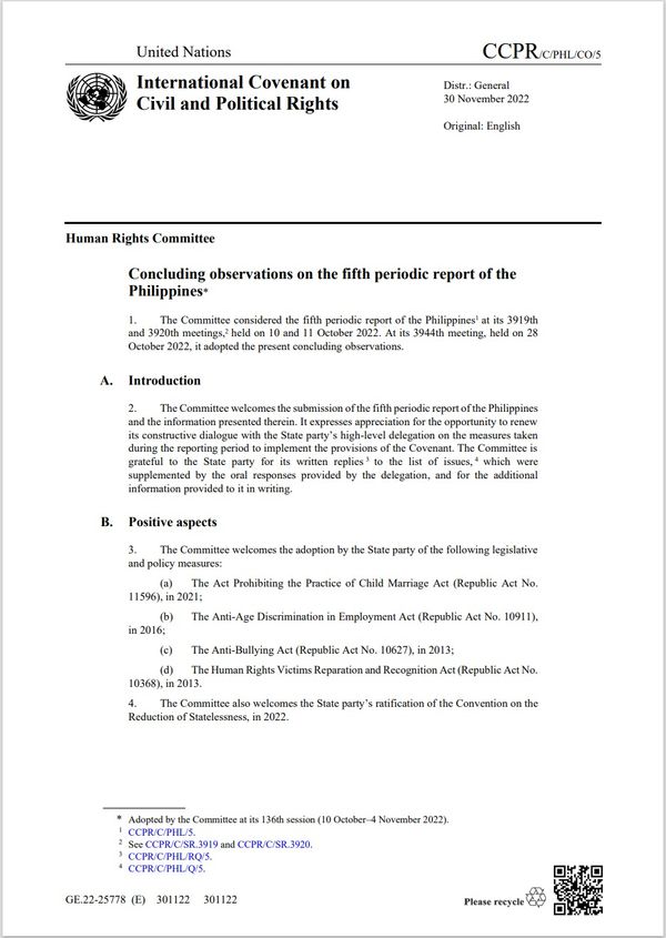 Concluding observations on the fifth periodic report of the Philippines - Human Rights Committee ...
