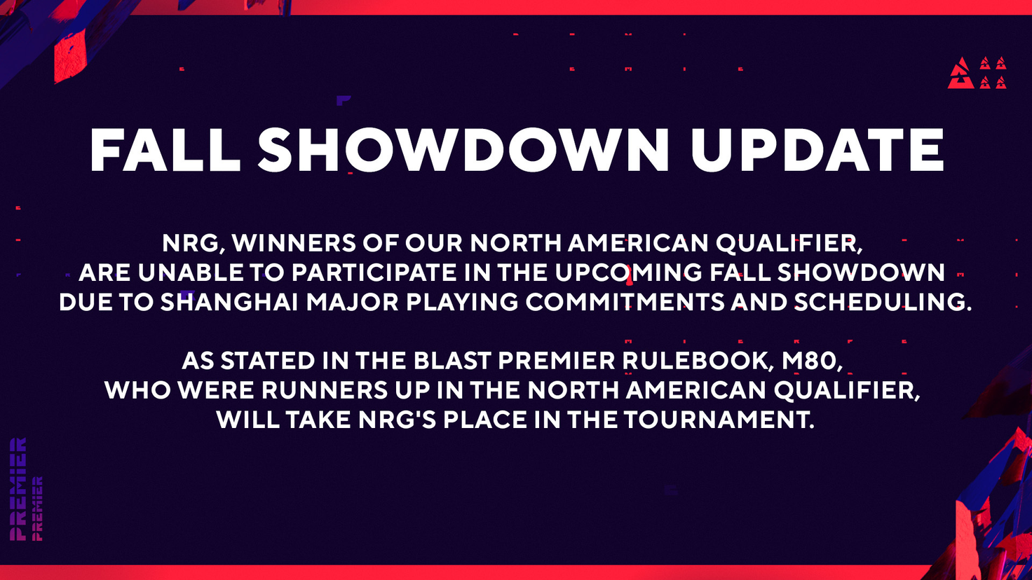 NRG drop out of Fall Showdown: Replaced by M80