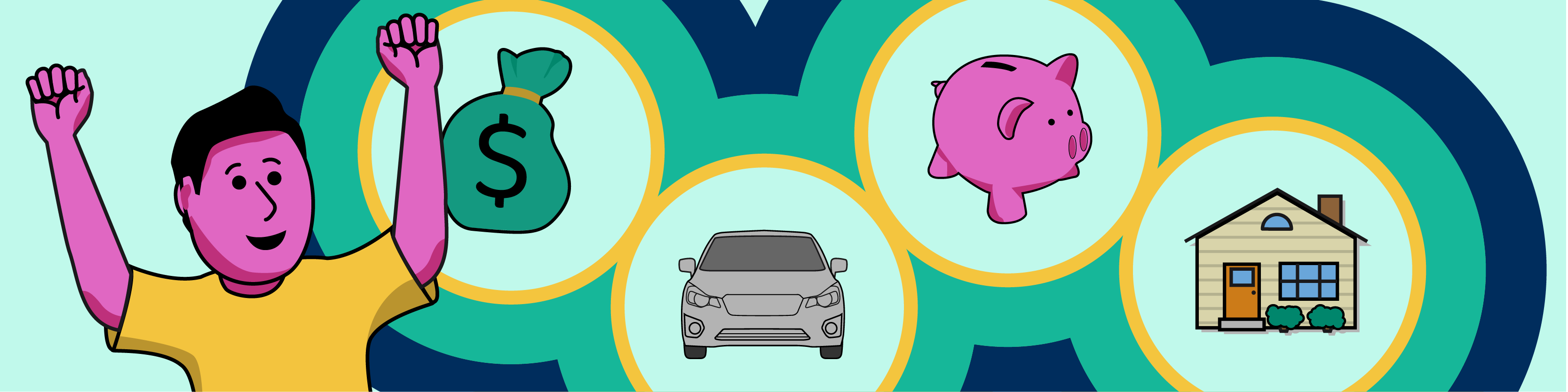 Guy cheering about equity: shows money bag, car, piggy bank, and house
