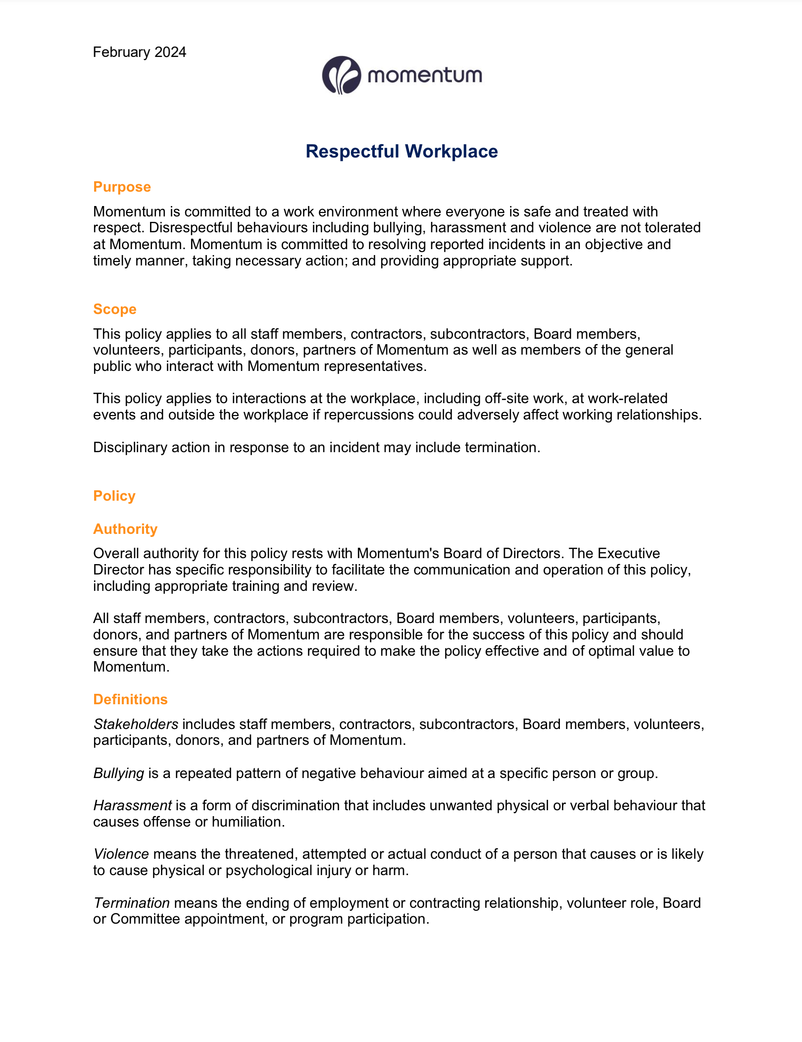 Respectful Workplace Policy | Momentum