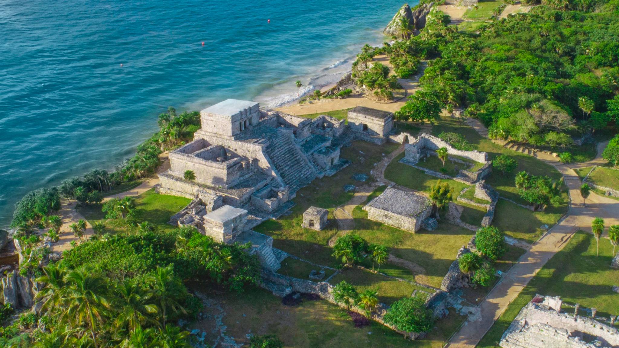Aerial view of Tulum archaeological site.