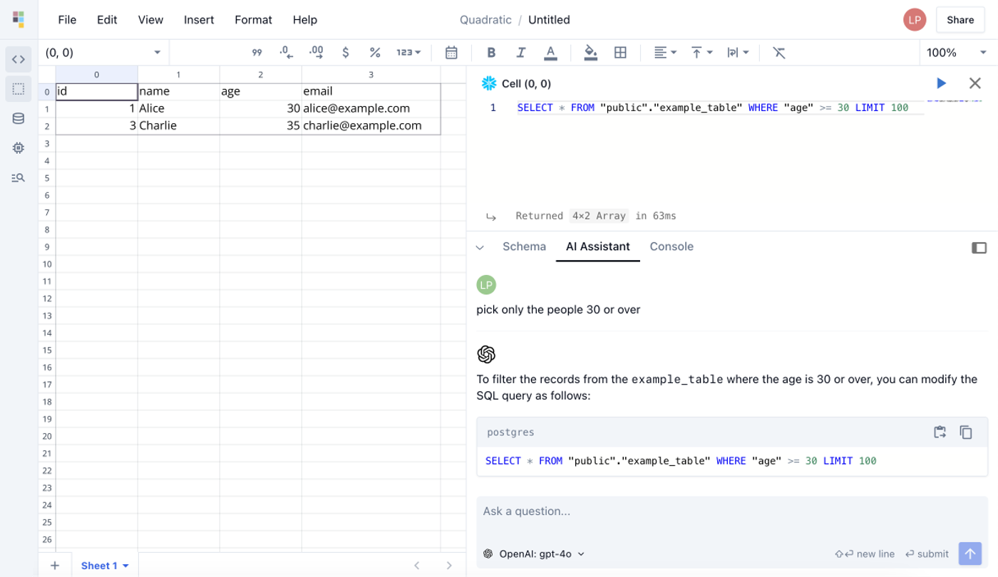 Connecting Quadratic Spreadsheets to Snowflake