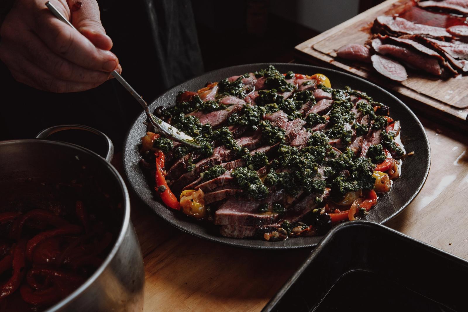 Charcoal Grilled Wild Venison Topside, Peperonata & Chimichurri ...