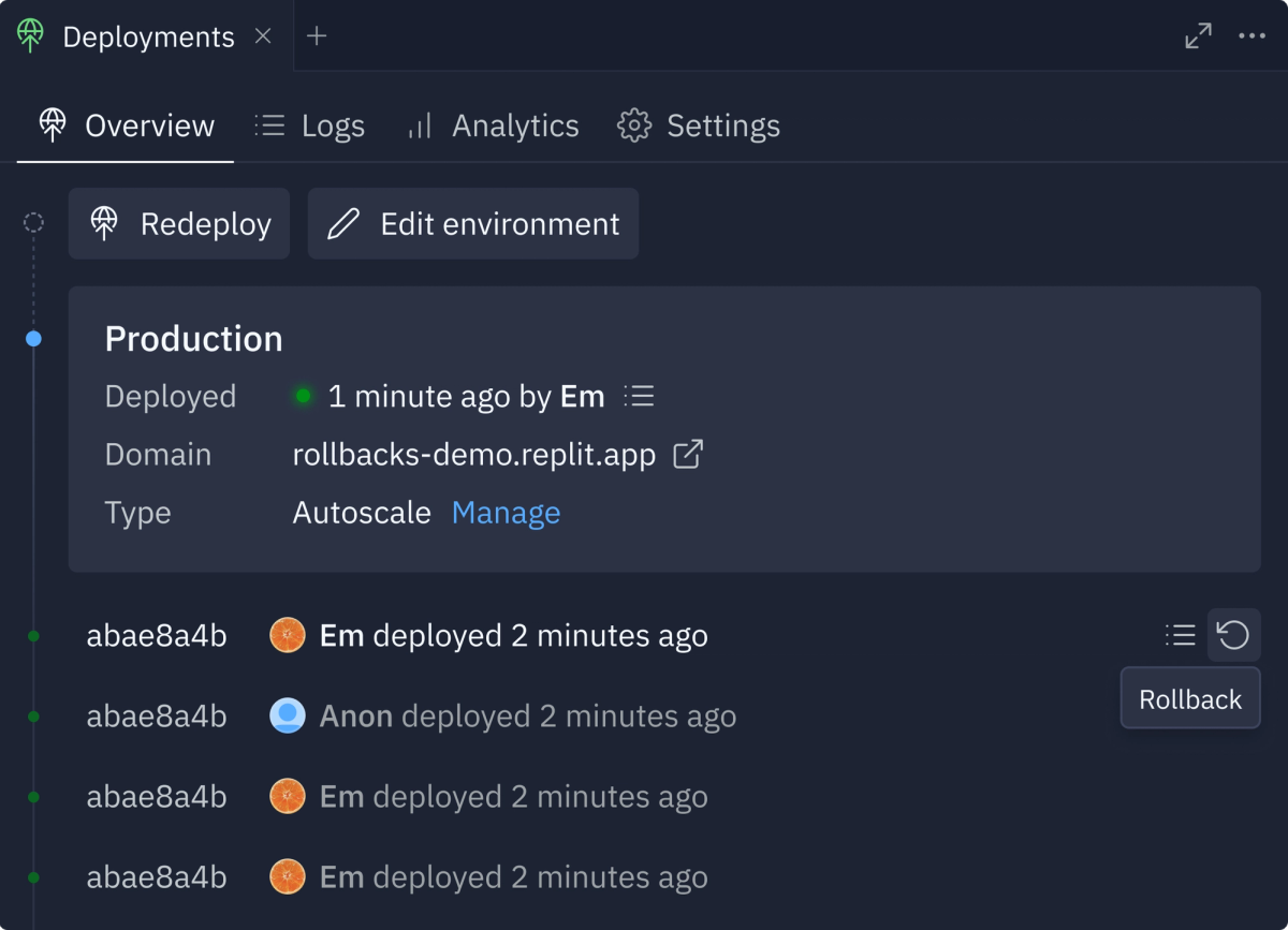 Replit — Introducing Deployment Rollbacks