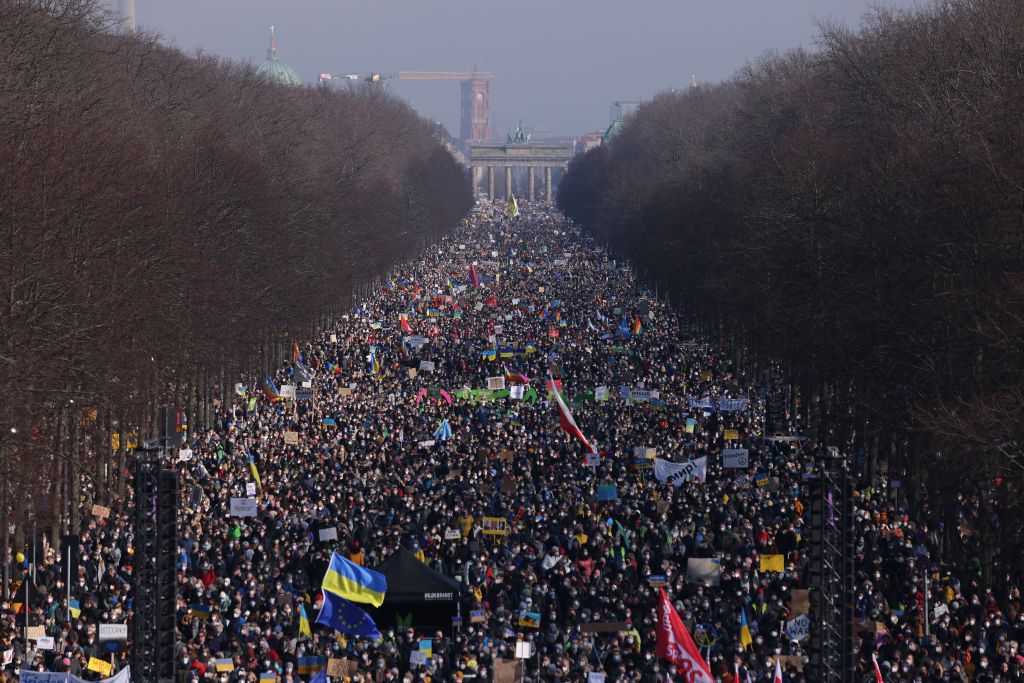 Anti-war protesters and soccer players rallied for Ukraine