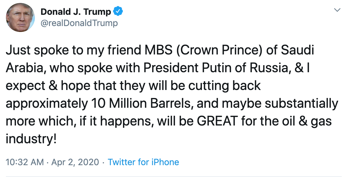 Trump Says Putin and MBS Will Cut Oil Supply