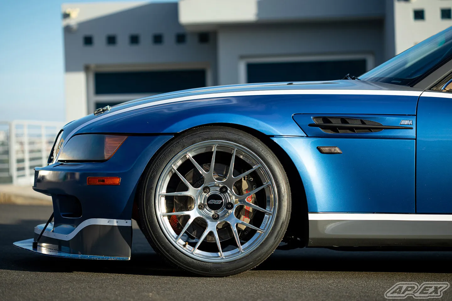 Estoril Blue Z3M Coupe Race Car on Fully Polished Apex EC-7R Forged Wheels