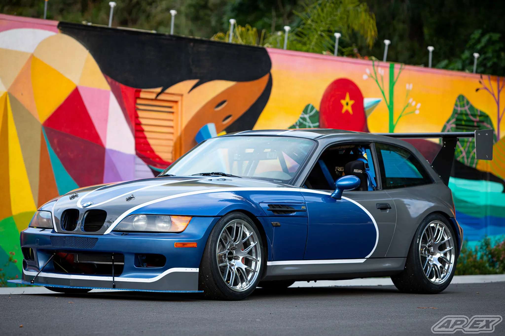Estoril Blue Z3M Coupe Race Car on Fully Polished Apex EC-7R Forged Wheels