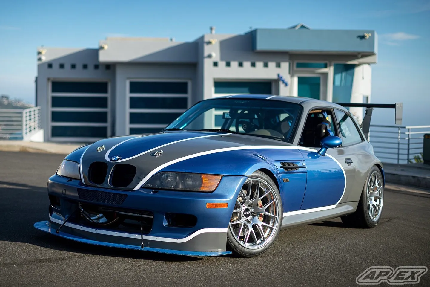 Estoril Blue Z3M Coupe Race Car on Fully Polished Apex EC-7R Forged Wheels