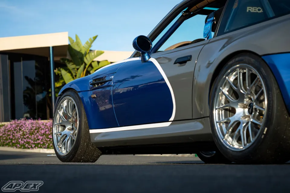 Estoril Blue Z3M Coupe Race Car on Fully Polished Apex EC-7R Forged Wheels