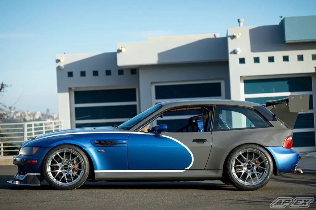 Estoril Blue Z3M Coupe Race Car on Fully Polished Apex EC-7R Forged Wheels