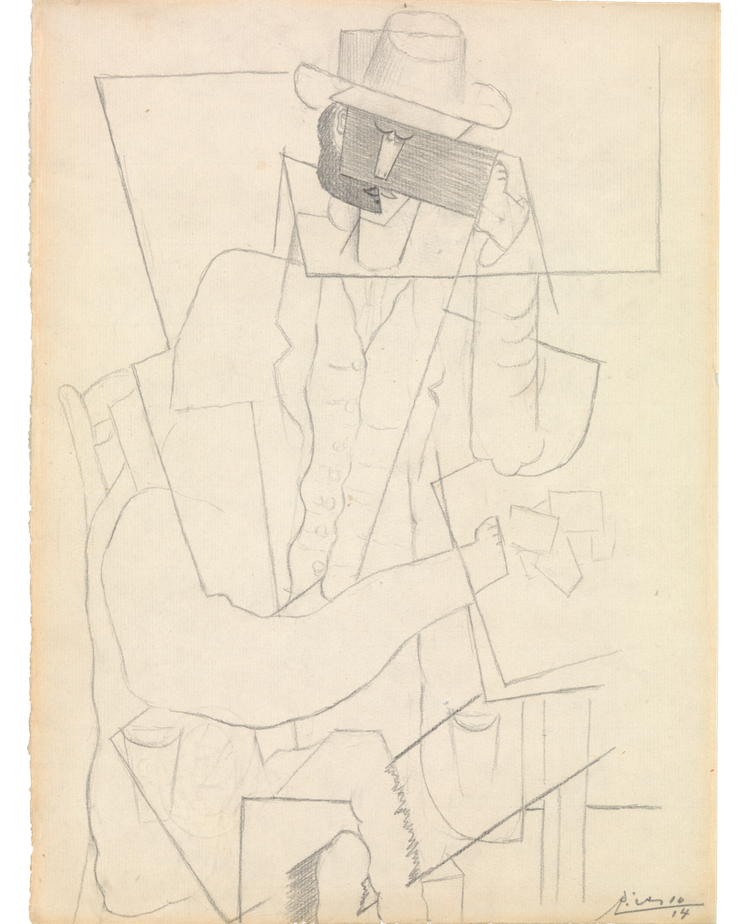 Graphite drawing of a man with a hat leaning on a table with playing ...