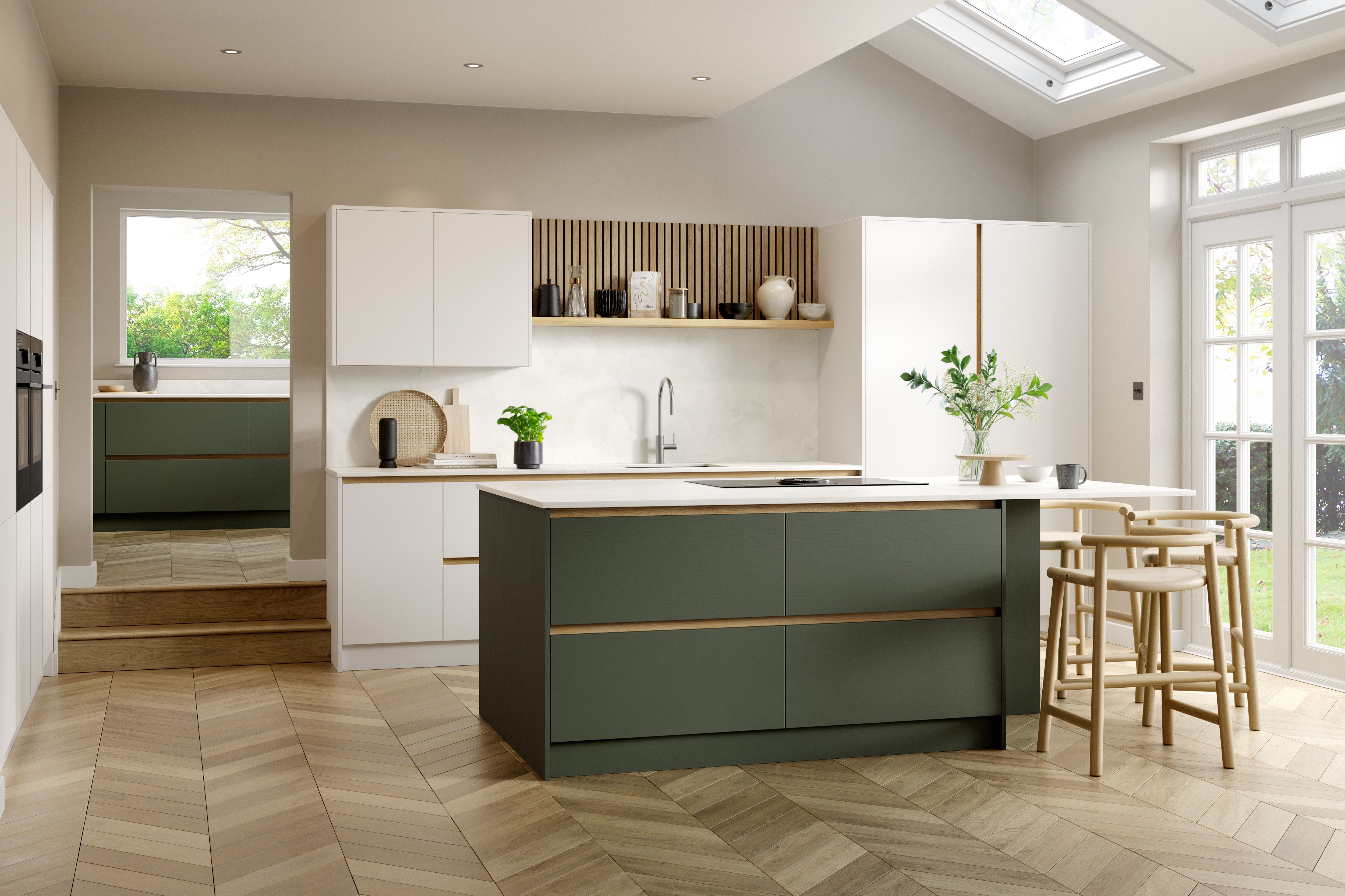 Scandi Inspired Moss Green Kitchen CGI