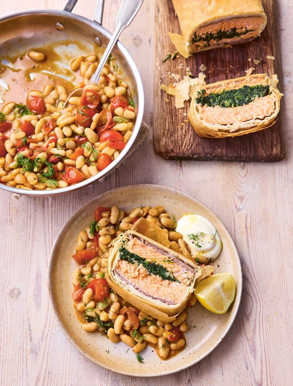 Fish filo parcel & beans