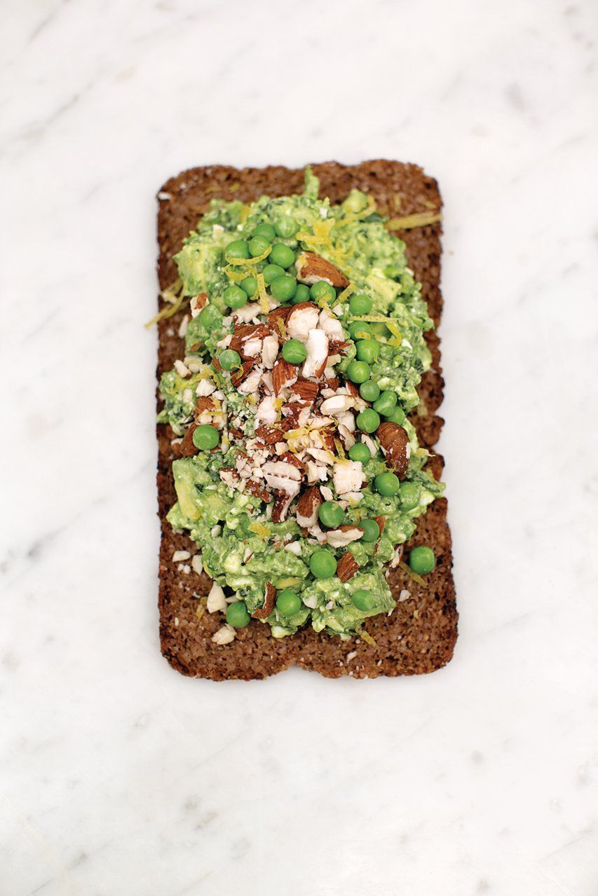 Avocado on rye toast with minty peas