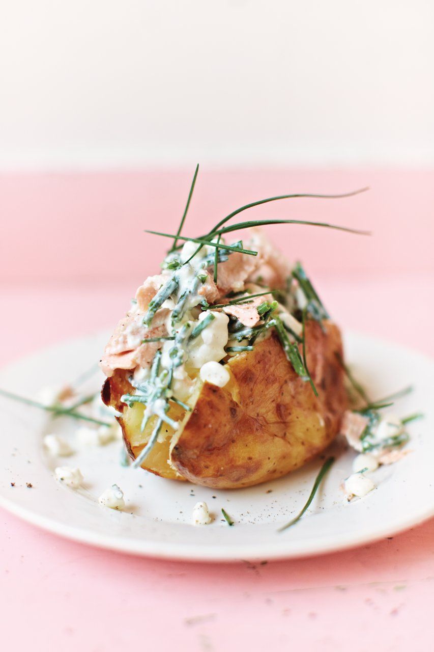 Salmon-topped jacket spuds