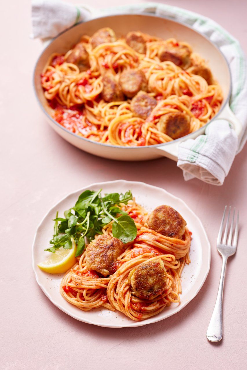 Store-cupboard spaghetti with mackerel balls