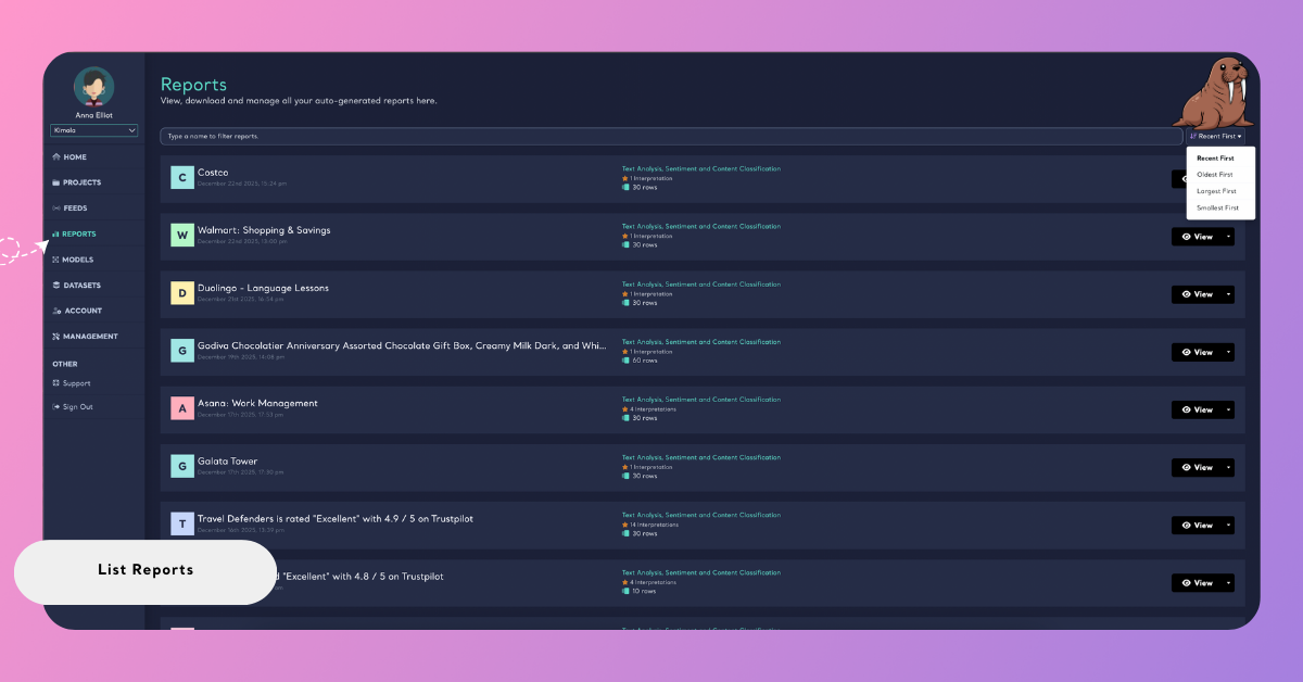 List Reports - Kimola Support