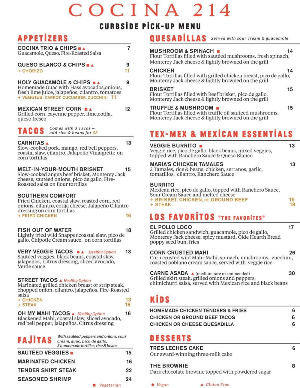 New Cocina 214 Hours & Curbside Pick-up Menus | Cocina 214
