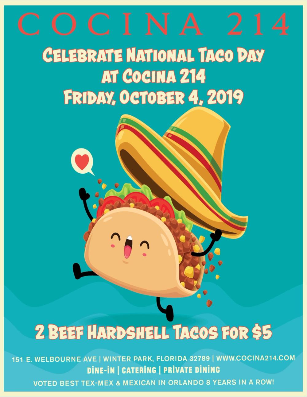 Celebrate National Taco on Friday, October 4, 2019! | Cocina 214