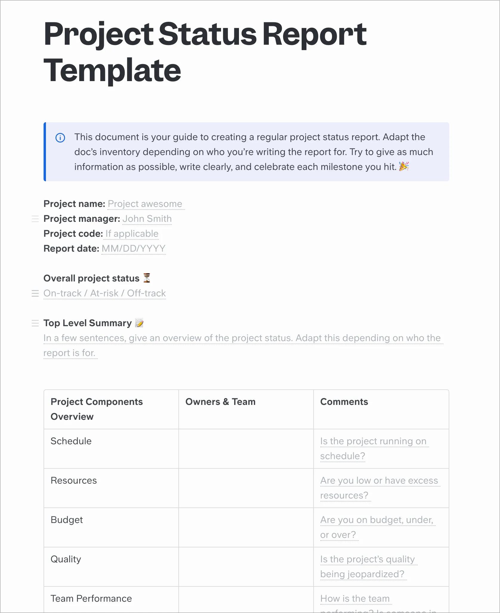 Free Project Status Report Template