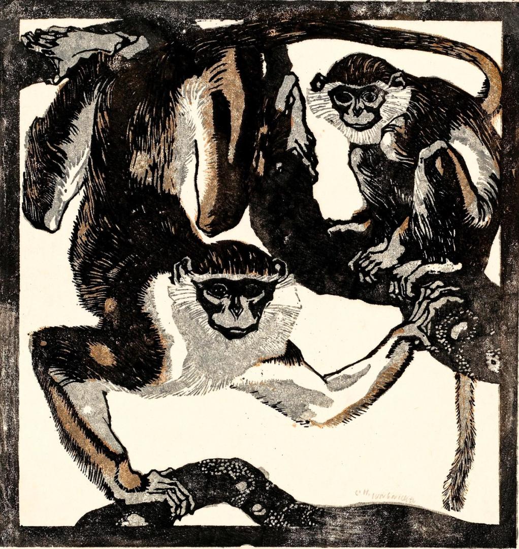 Ludwig Heinrich Jungnickel Macaque Monkeys (Signed Print) 1909