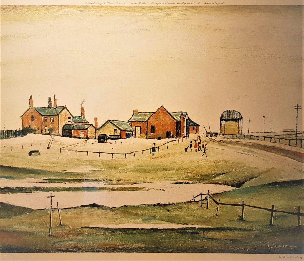 L S Lowry Landscape With Farm Buildings (Signed Print) 1974 | For Sale