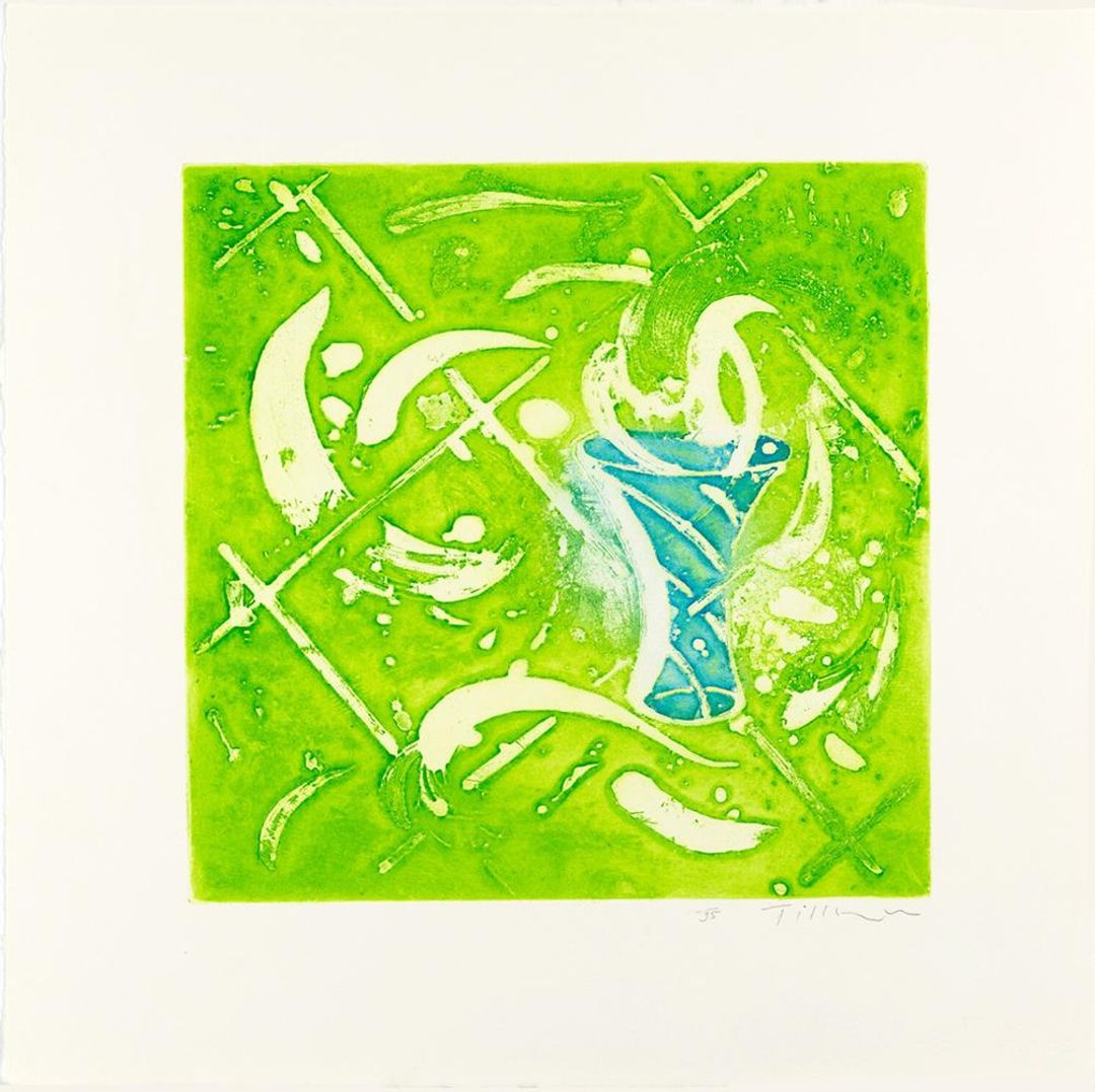 William Tillyer Blue Vase And Arrangement On Green (Signed Print) 2022