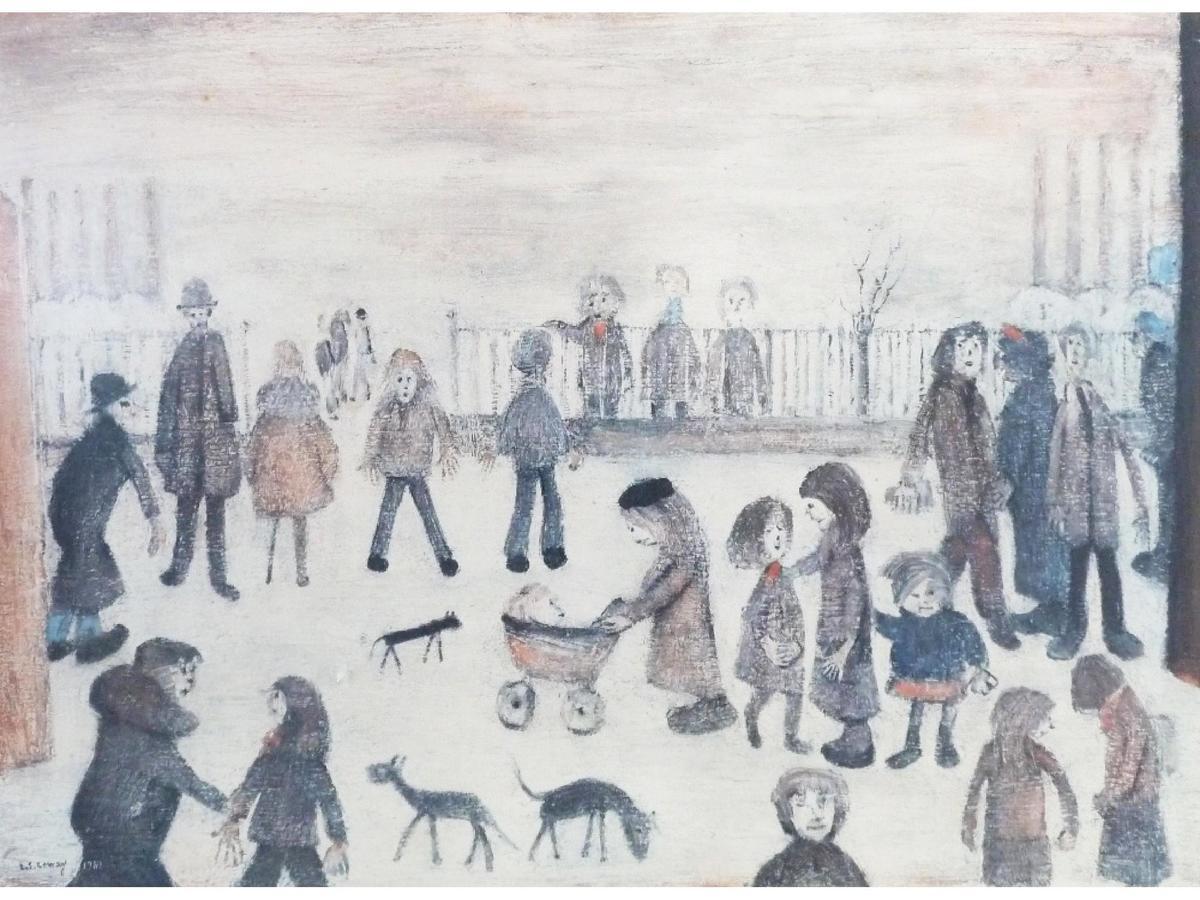 L S Lowry Figures Before Railings (Signed Print) | For Sale