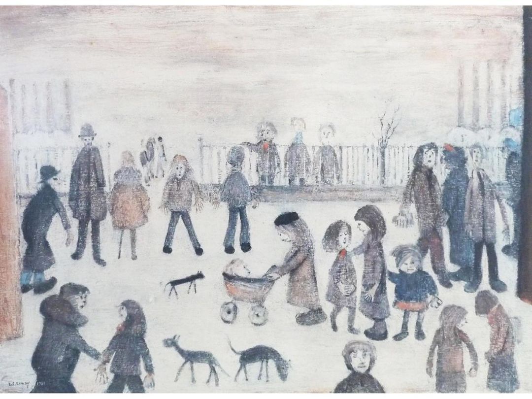 L S Lowry Figures Before Railings (Signed Print) | For Sale