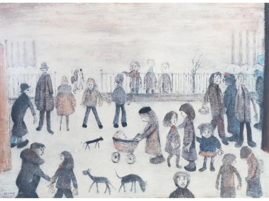 L S Lowry Figures Before Railings (Signed Print) | For Sale