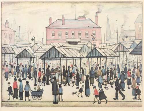 L S Lowry Market Scene In Northern Town (Signed Print) 1973 | MyArtBroker