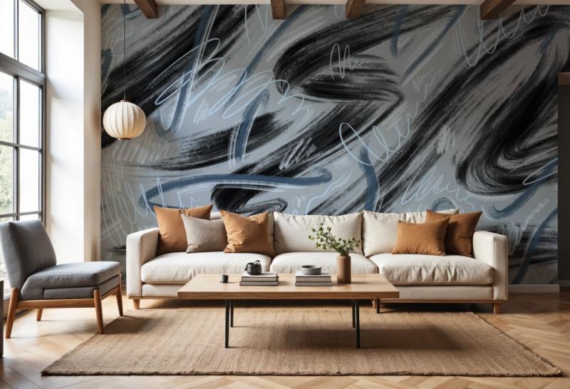 Scribble Flow, Denim Blue wallpaper mural 100% PVC-free and non-toxic