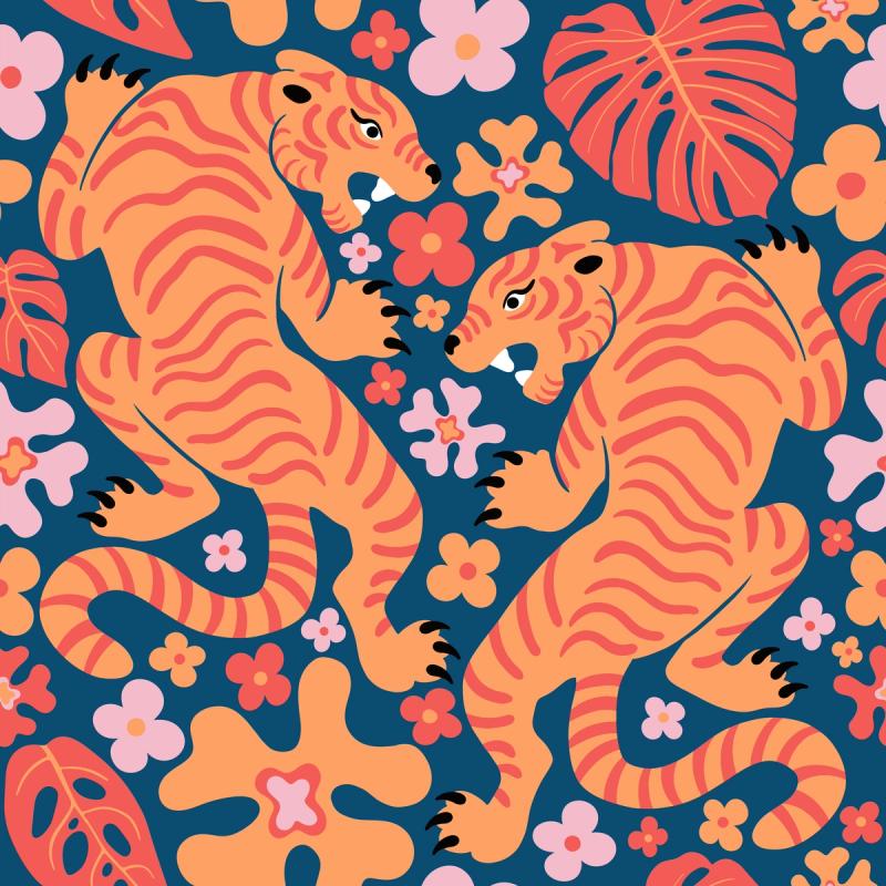 Otomi Cool Tigers, Orange & Navy wallpaper 100% PVC-free and non-toxic