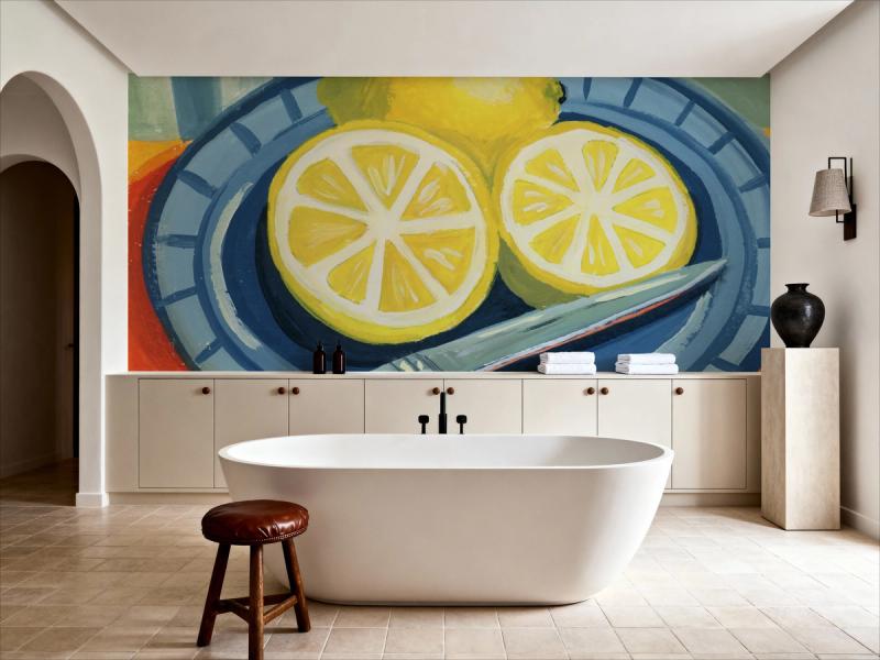 Sliced Lemons on Plates wallpaper mural 100% PVC-free and non-toxic