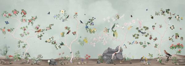 Birds in the Garden Mint wallpaper mural 100% PVC-free and non-toxic