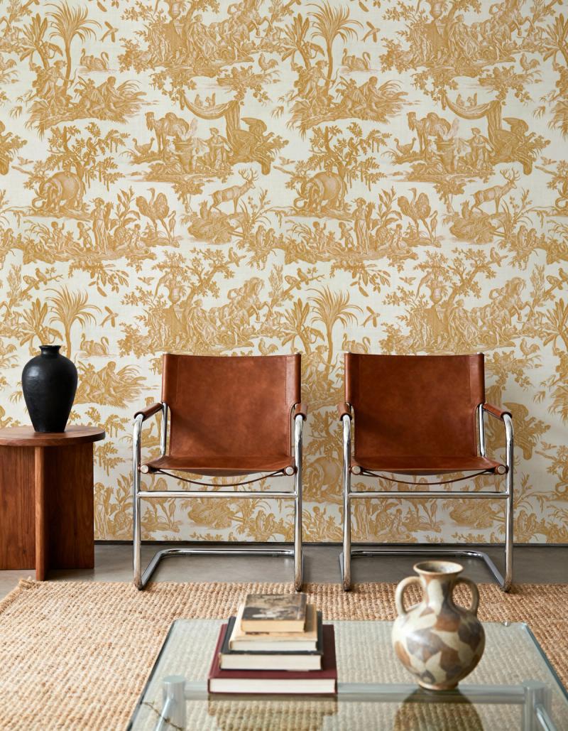 Patinated Linen Toile de Jouy, Sunflower wallpaper 100% PVC-free and ...