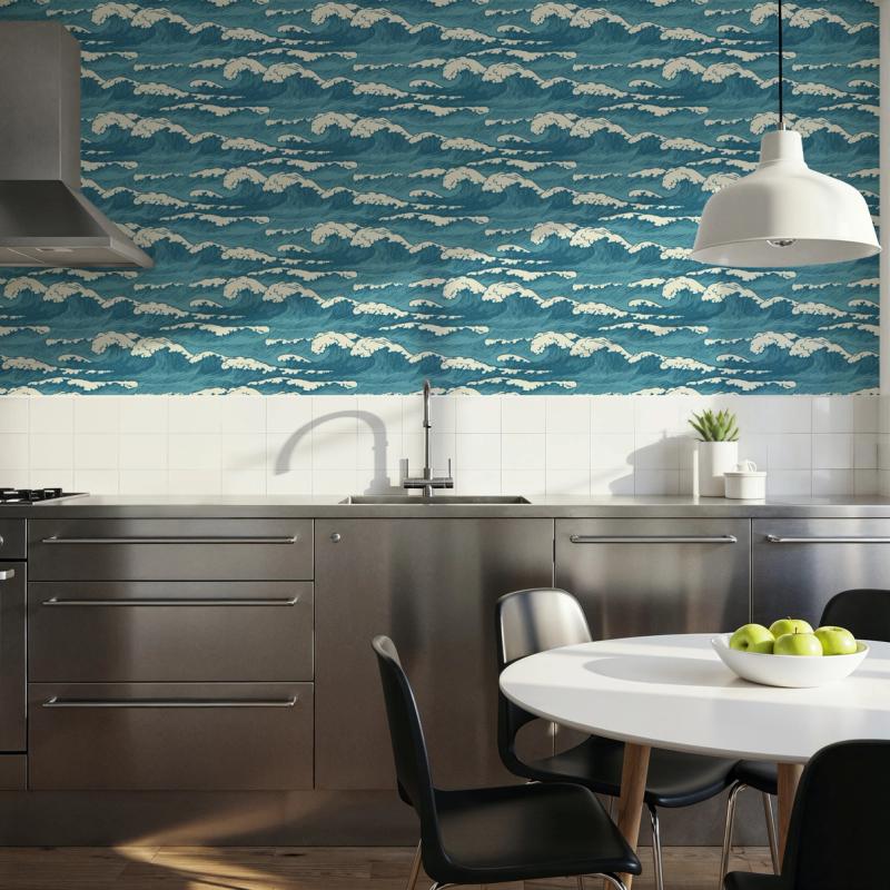 Endless Waves, French Blue wallpaper 100% PVC-free and non-toxic