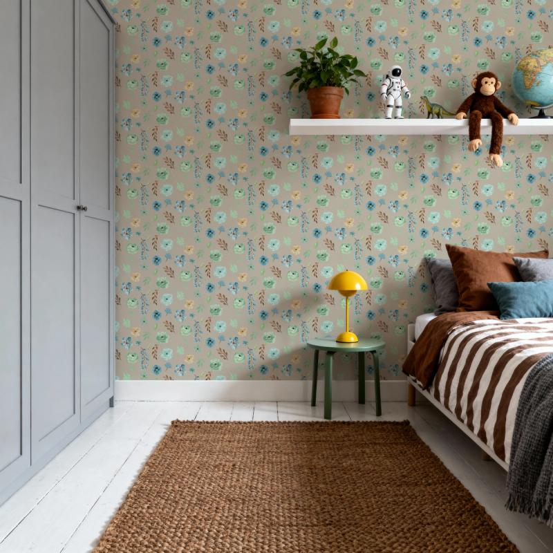 Flutterby Flowers Beige wallpaper 100% PVC-free and non-toxic