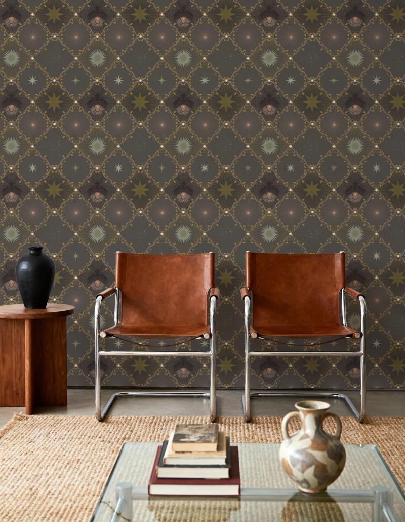 Ornamental Fireflies, Taupe wallpaper 100% PVC-free and non-toxic