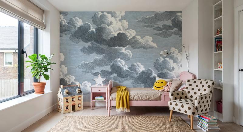 Intaglio Clouds, Ink Blue wallpaper mural 100% PVC-free and non-toxic