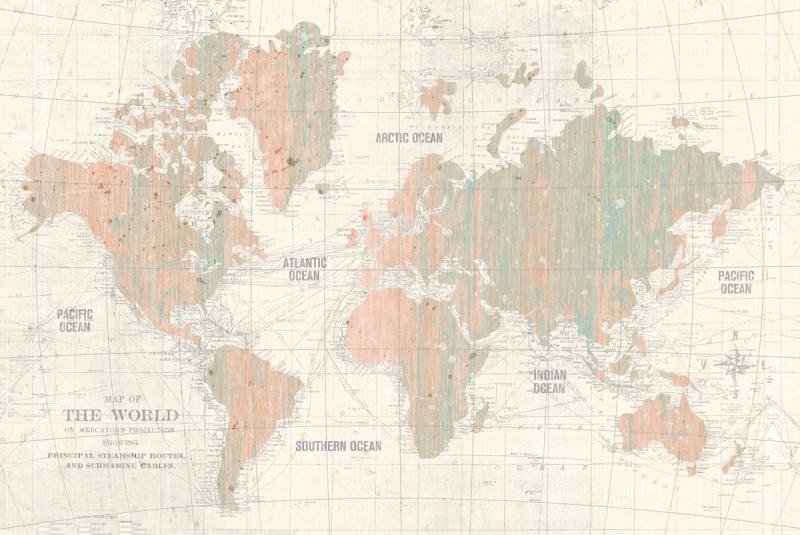 Old World Map Blush and Mint wallpaper mural 100% PVC-free and non-toxic