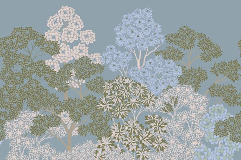 Overleaf Woodland, French Blue wallpaper mural 100% PVC-free and non-toxic